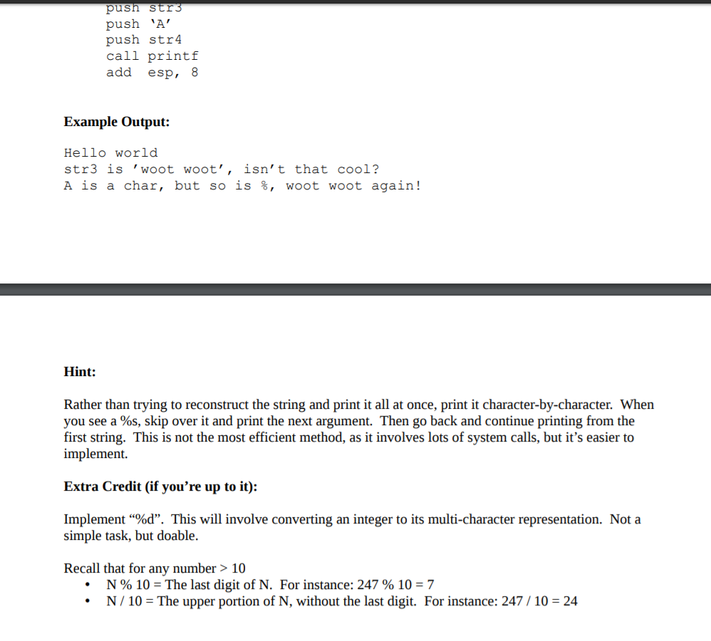 Implement printf using ASSEMBLY LANGUAGE based off of | Chegg.com Implement printf using ASSEMBLY LANGUAGE based off of | Chegg.com