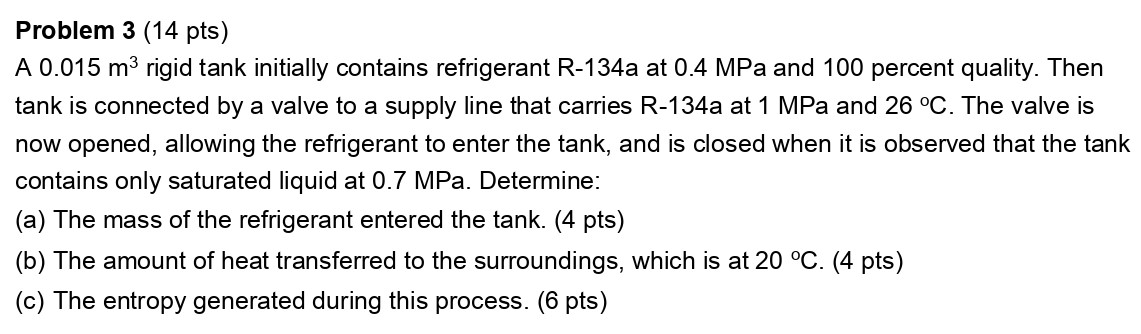 Solved Problem 3 (14 pts)A 0.015m3 rigid tank initially | Chegg.com Solved Problem 3 (14 pts)A 0.015m3 rigid tank initially | Chegg.com