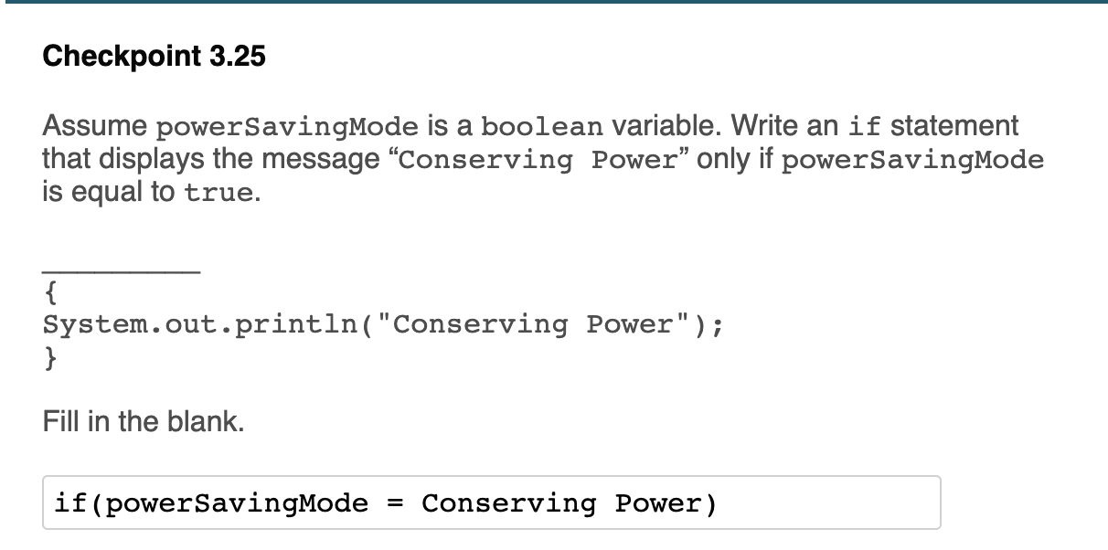 Solved Checkpoint 3.25 Assume powerSavingMode is a boolean | Chegg.com