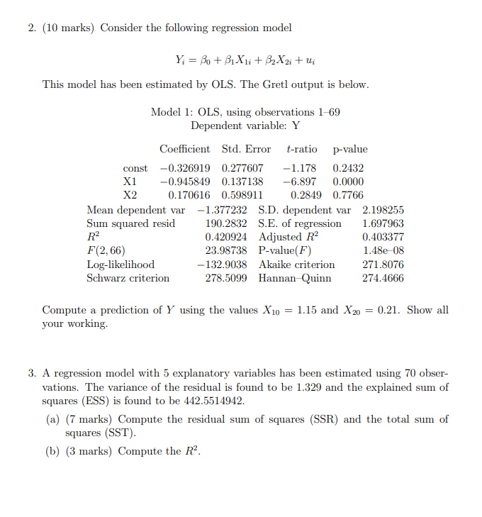 Solved 2. (10 marks) Consider the following regression model | Chegg.com