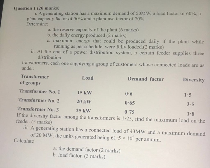 Solved Question 1 (20 marks) i. A generating station has a | Chegg.com Solved Question 1 (20 marks) i. A generating station has a | Chegg.com