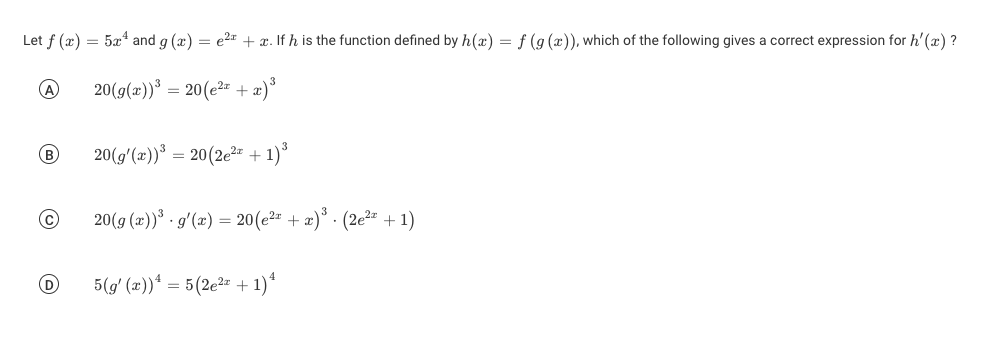 Solved Let f(x)=5x4 and g(x)=e2x+x. If h is the function | Chegg.com
