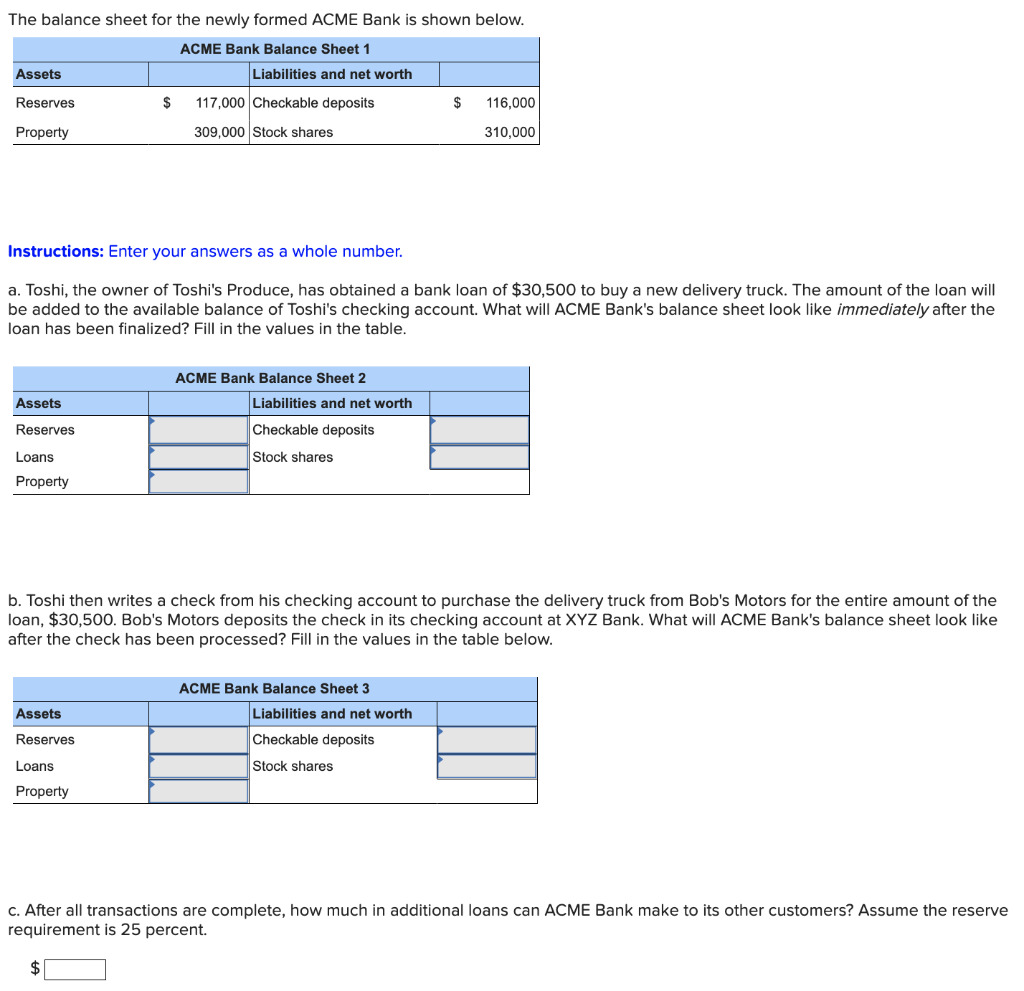 Solved The balance sheet for the newly formed ACME Bank is | Chegg.com
