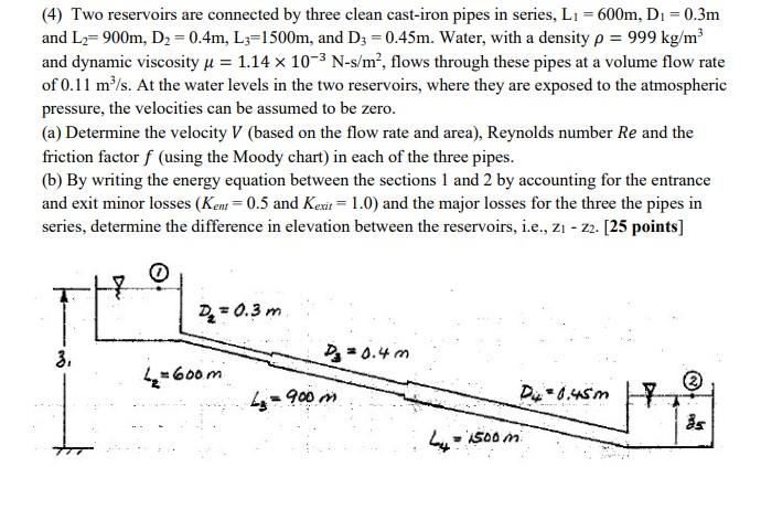 Solved (4) Two reservoirs are connected by three clean | Chegg.com