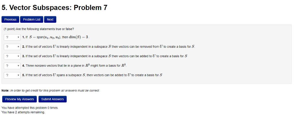 Solved 5. Vector Subspaces: Problem 7 PreviouS Problem List | Chegg.com