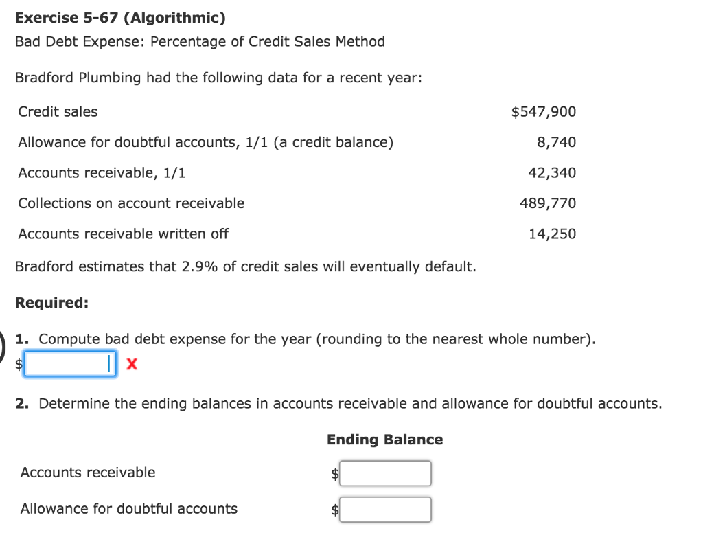 Solved Exercise 5-67 (Algorithmic) Bad Debt Expense: | Chegg.com