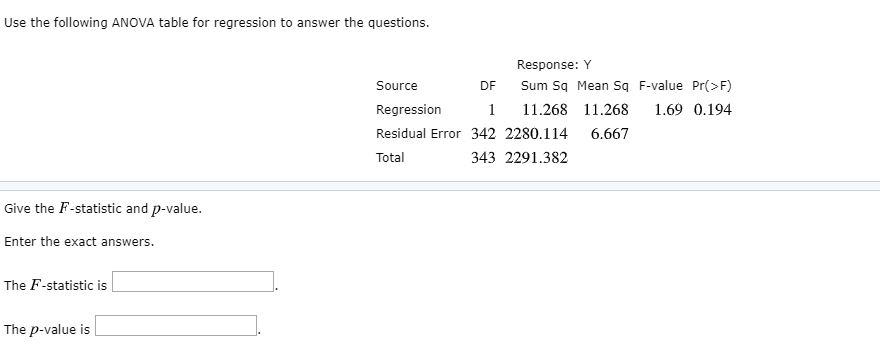 Solved Use the following ANOVA table for regression to | Chegg.com