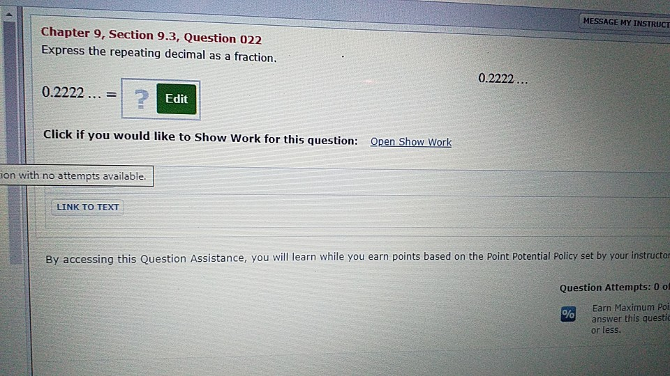Solved MESSAGE MY INSTRUCT Chapter 9, Section 9.3, Question | Chegg.com