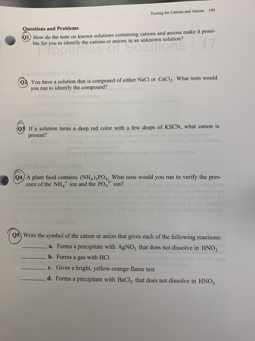 Solved Testing for Cations and Anions 189 Questions and | Chegg.com