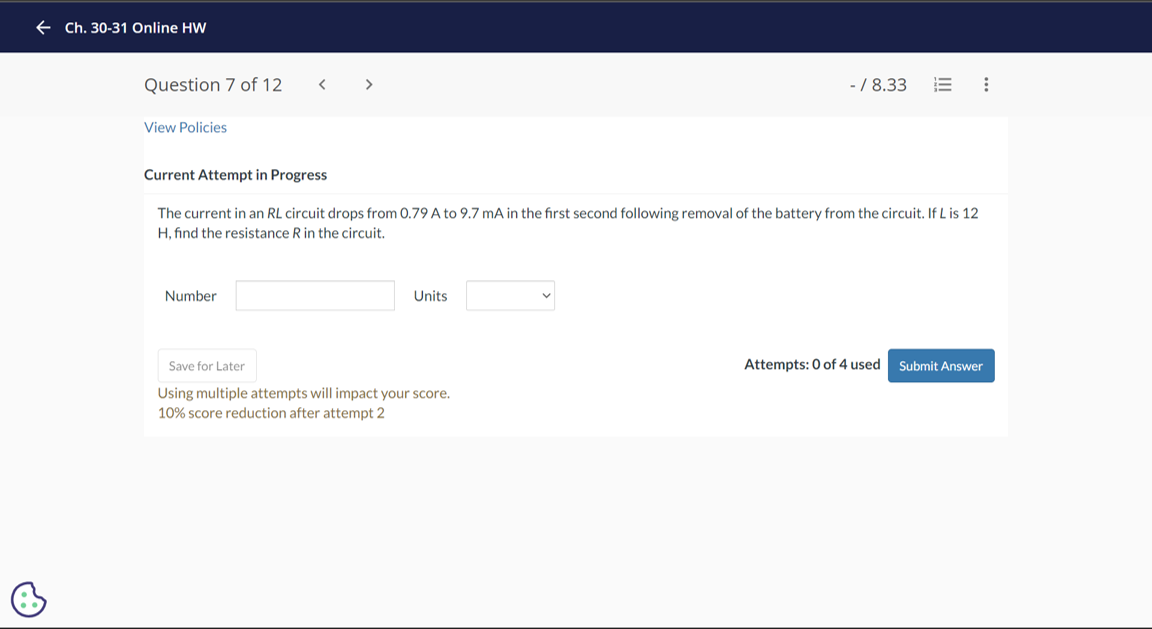 Solved The current in an RL circuit drops from 0.79 A to 9.7 | Chegg.com