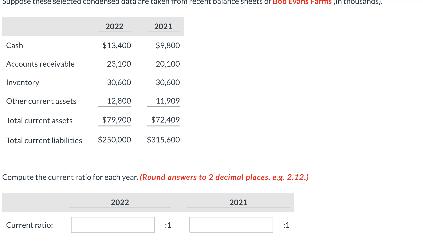 Solved Compute the current ratio for each year. (Round | Chegg.com