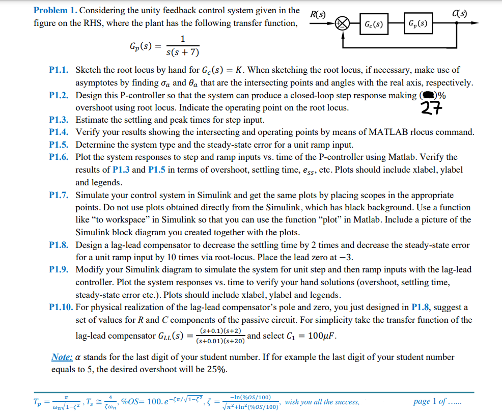 Solved Problem 1. Considering the unity feedback control | Chegg.com