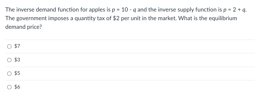 Solved The inverse demand function for apples is p=10−q and | Chegg.com