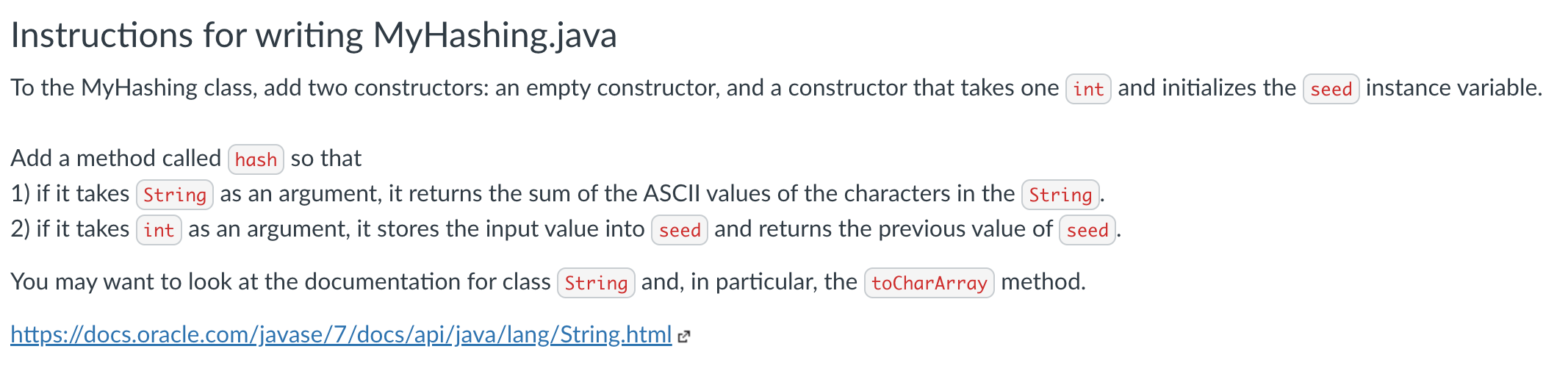 Solved Instructions for writing MyHashing.java To the | Chegg.com