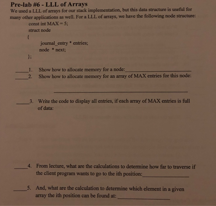 Solved Pre-lab #6-LLL of Arrays We used a LLL of arrays for | Chegg.com