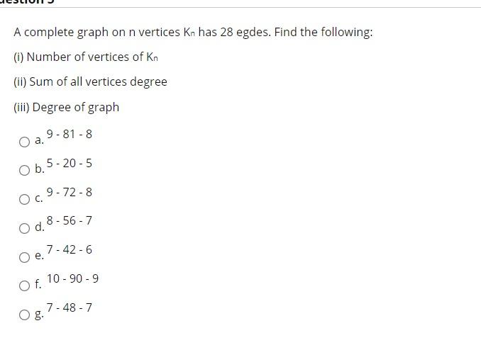 Solved A complete graph on n vertices Kn has 28 egdes. Find | Chegg.com