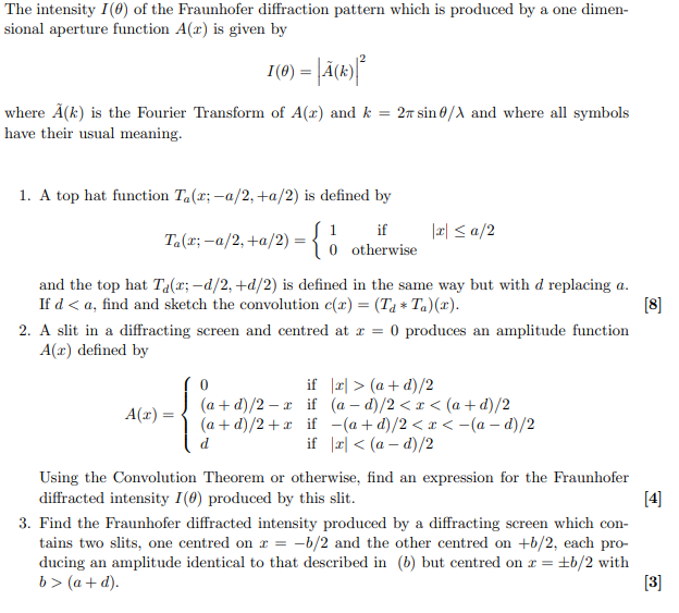 The intensity I) of the Fraunhofer diffraction | Chegg.com