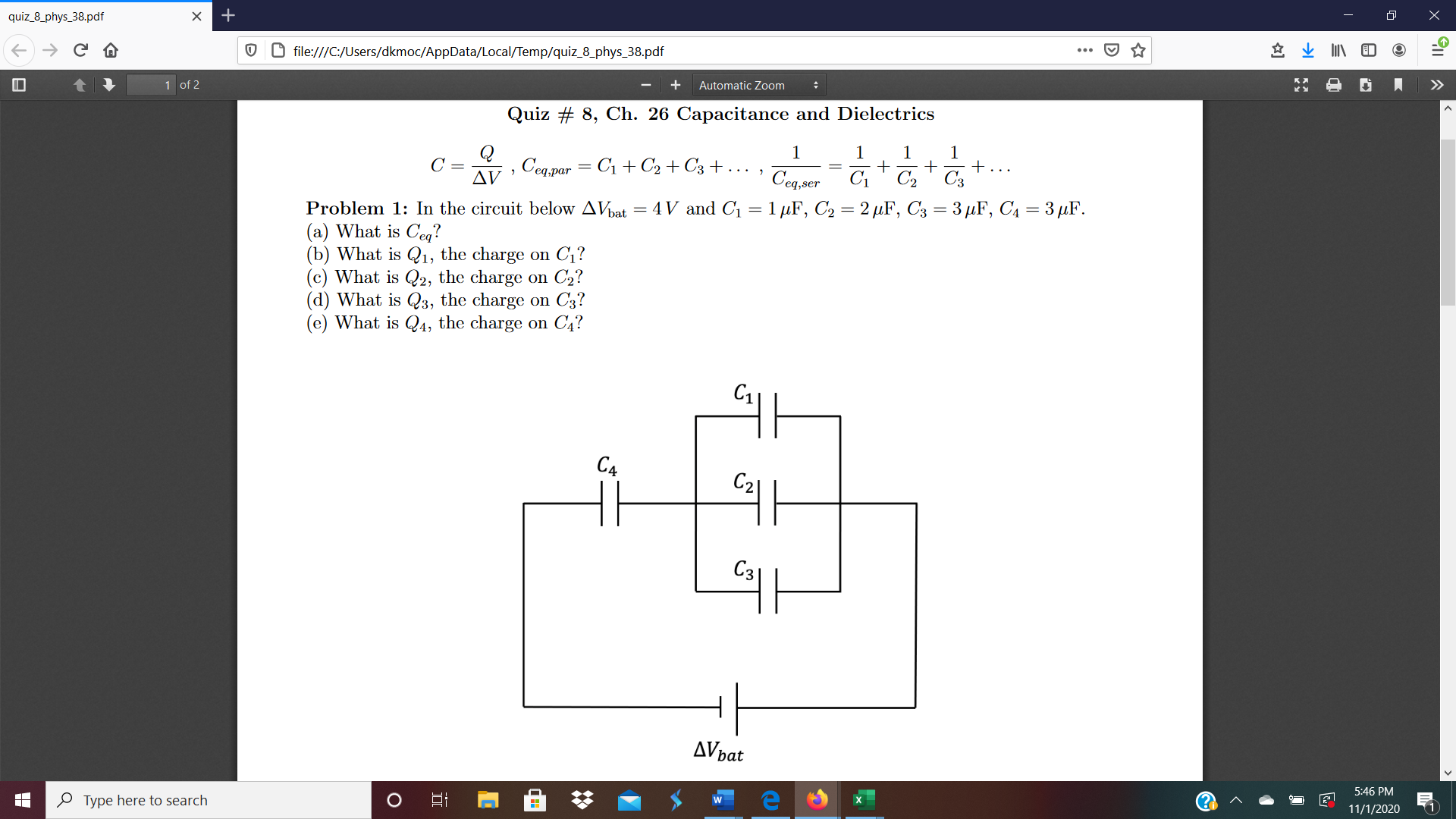 Solved Problem 1:In the circuit below ∆Vbat= 4VandC1= | Chegg.com