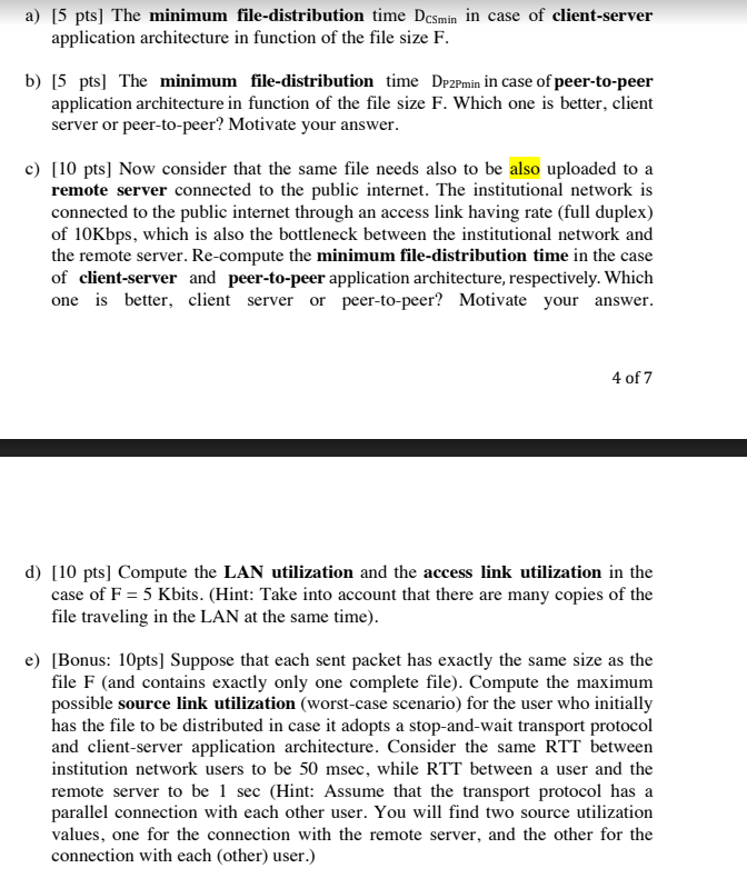 a) [5 pts] The minimum file-distribution time DcSmin | Chegg.com