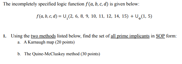 Solved The incompletely specified logic function f(a, b,c,d) | Chegg.com