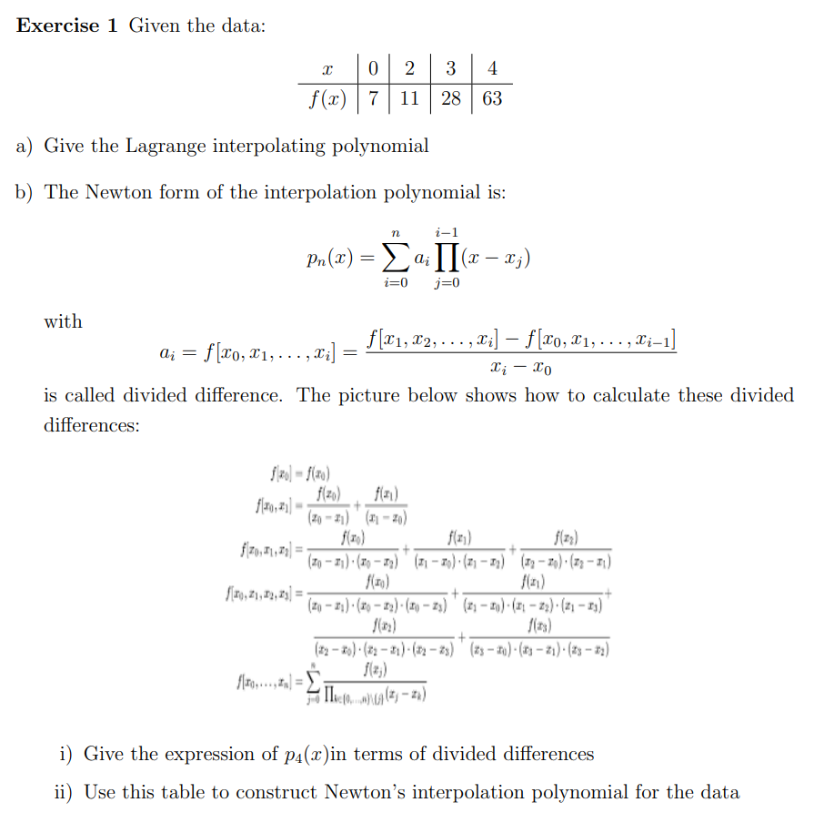 Exercise 1 Given the data: a) Give the Lagrange | Chegg.com