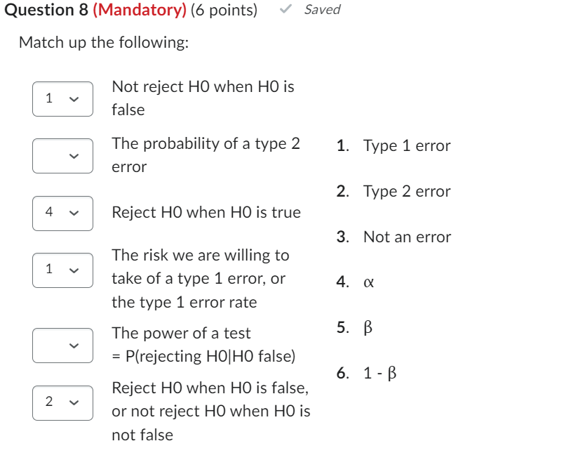 Solved Match up the following: Not reject HO when HO is | Chegg.com