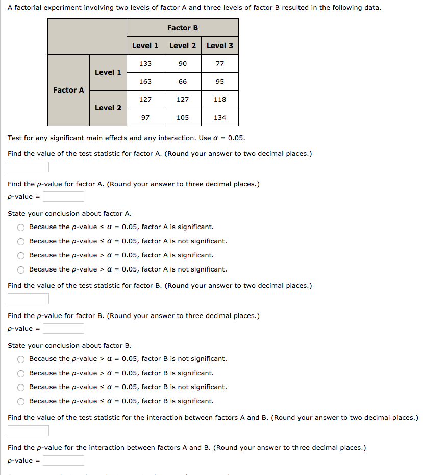 Solved A Factorial Experiment Involving Two Levels Of Factor