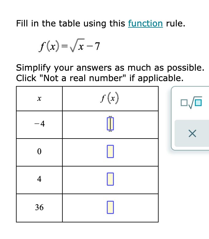 Solved Fill in the table using this function rule. f(x)=\x-7 | Chegg.com