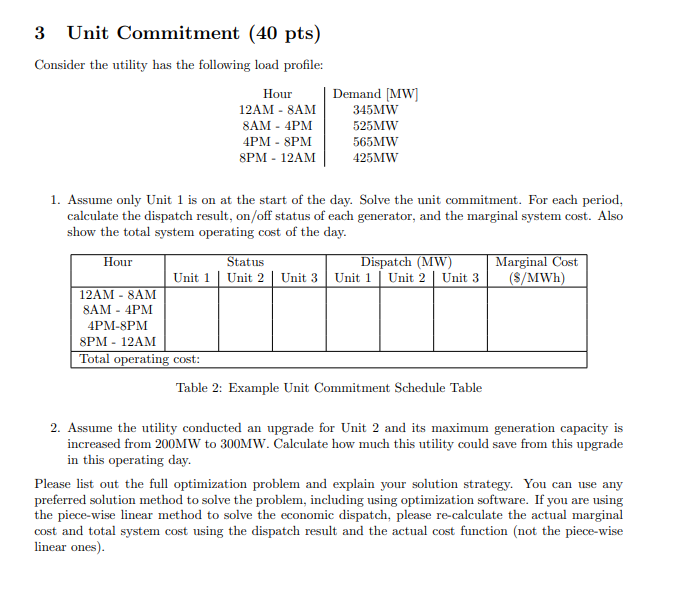 3 Unit Commitment (40 pts) Consider the utility has | Chegg.com