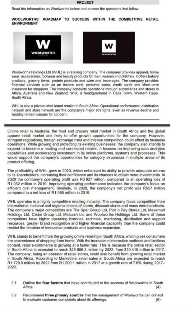 Solved PROJECT Read the information on Woolworths below and | Chegg.com