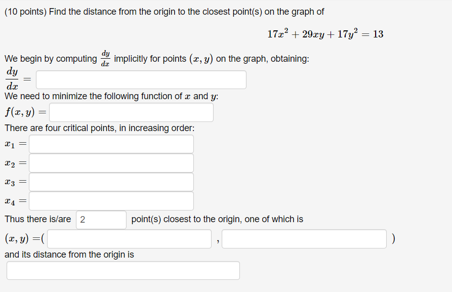 Solved (10 points) Find the distance from the origin to the | Chegg.com