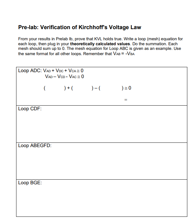 Solved Pre-lab: Verification of Kirchhoff's Voltage Law | Chegg.com