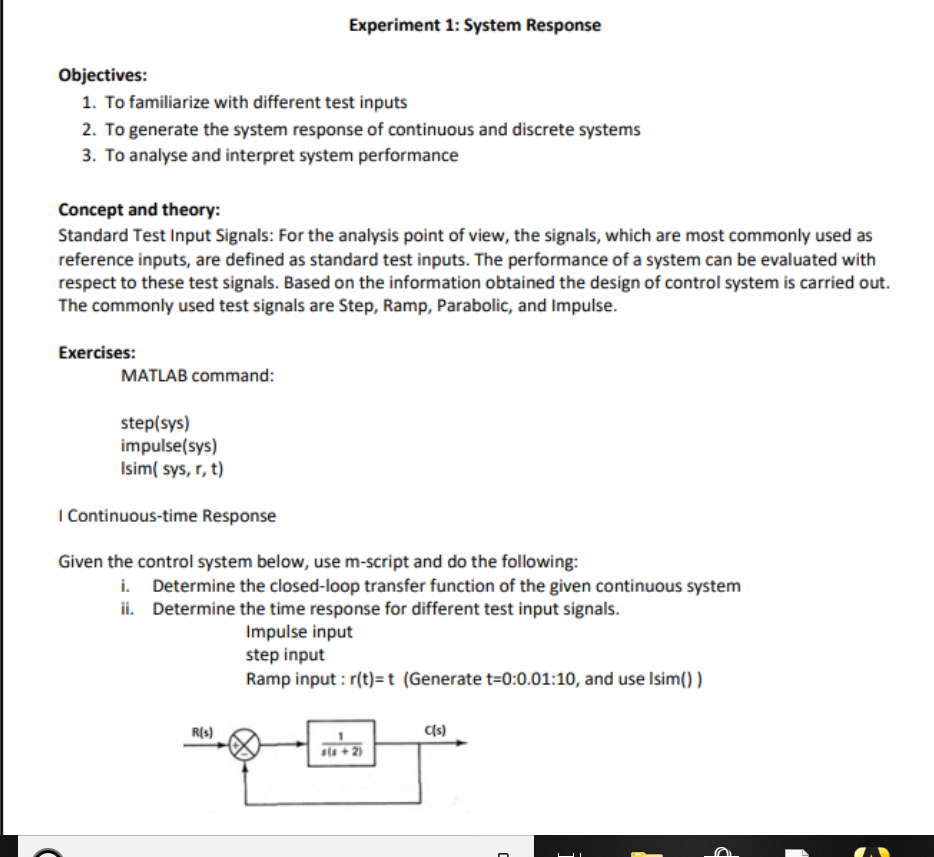 Solved Experiment 1: System Response Objectives: 1. To | Chegg.com