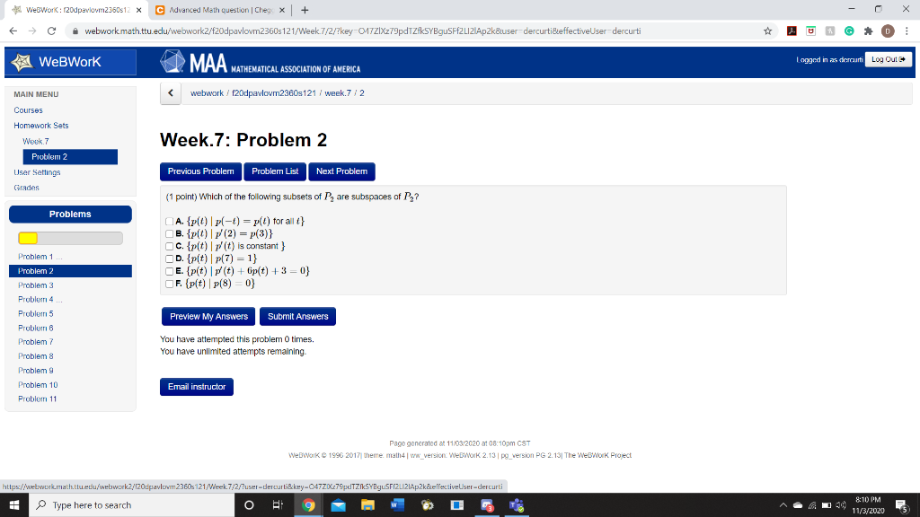 Solved WebWork: f20dpavlovm2350512 X C Advanced Math | Chegg.com Solved WebWork: f20dpavlovm2350512 X C Advanced Math | Chegg.com