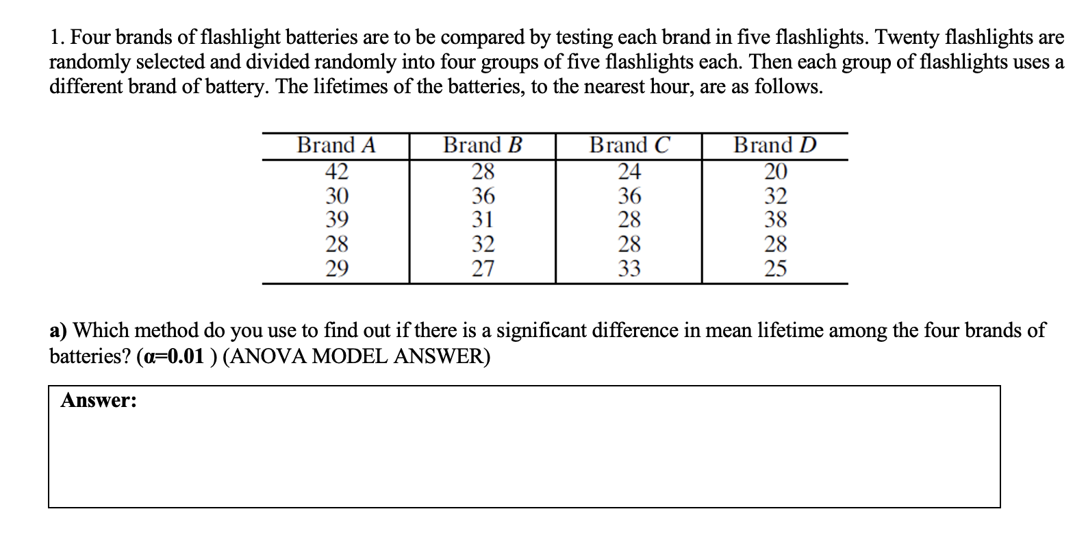 Solved 1. Four brands of flashlight batteries are to be | Chegg.com