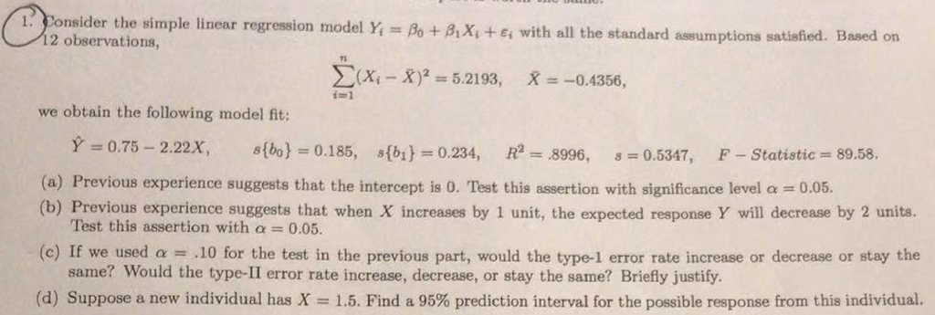 Solved ?)on sider the simple linear regression model Yi 2 | Chegg.com