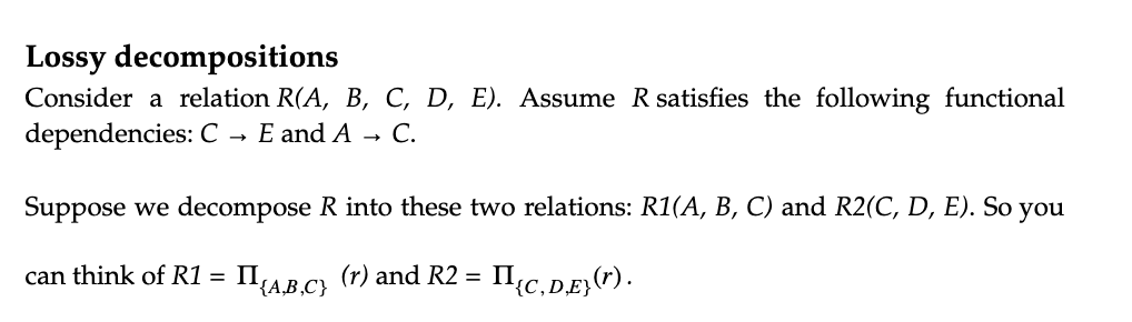 Lossy decompositions Consider a relation R(A, B, C, | Chegg.com
