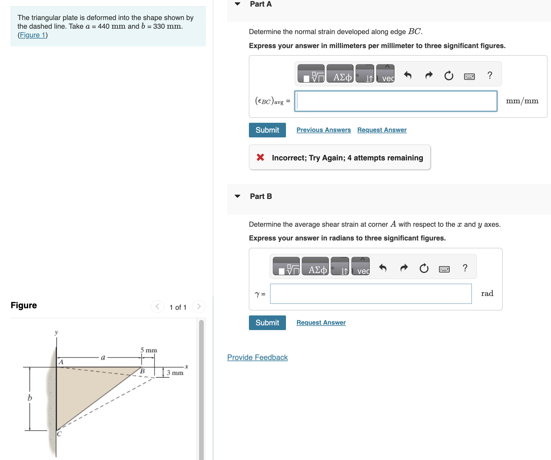 Solved The triangular plate is deformed into the shape shown | Chegg.com