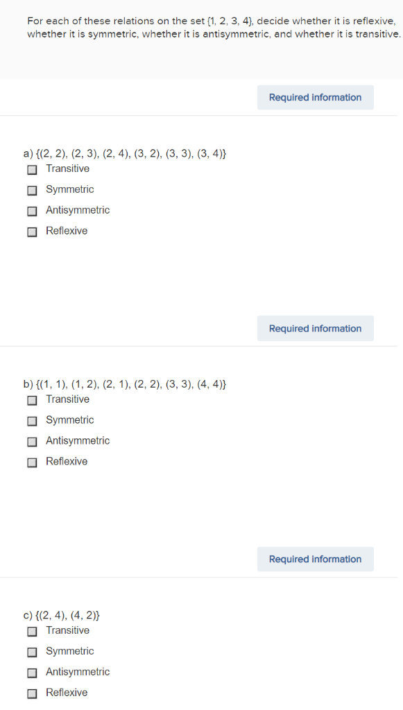 Solved For each of these relations on the set [1, 2, 3, 4), | Chegg.com