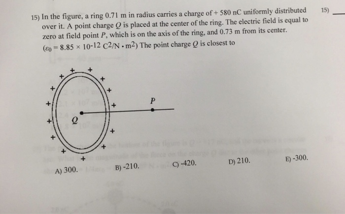 Solved 15) In the figure, a ring 0.71 m in radius carries a | Chegg.com