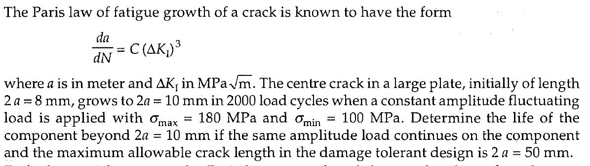 Solved The Paris law of fatigue growth of a crack is known | Chegg.com