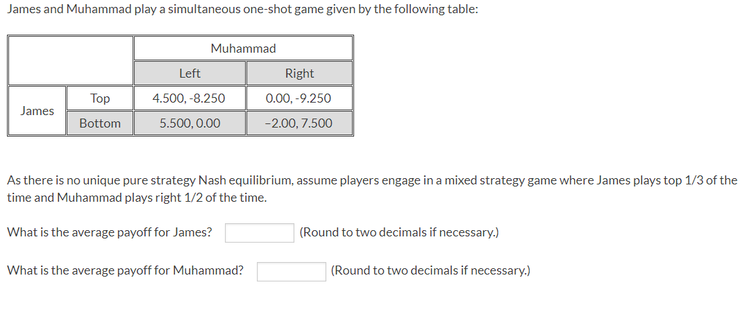 Solved James and Muhammad play a simultaneous one-shot game | Chegg.com