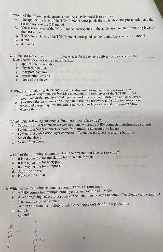 Solved 1. Which of the following statements about the TCP/IP | Chegg.com