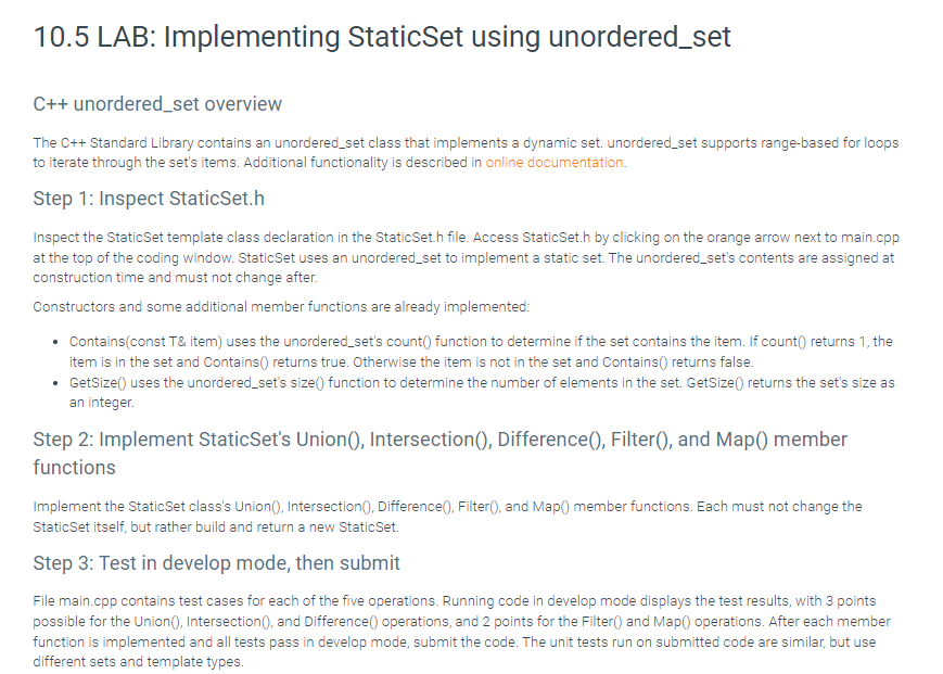 Solved 10.5 LAB: Implementing StaticSet using unordered_set | Chegg.com