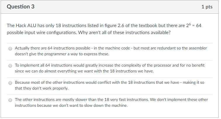Solved Question3 1 pts The Hack ALU has only 18 instructions | Chegg.com