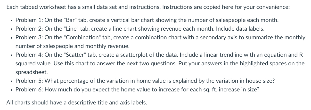 Solved by an EXPERT Each tabbed worksheet has a small data set and ...