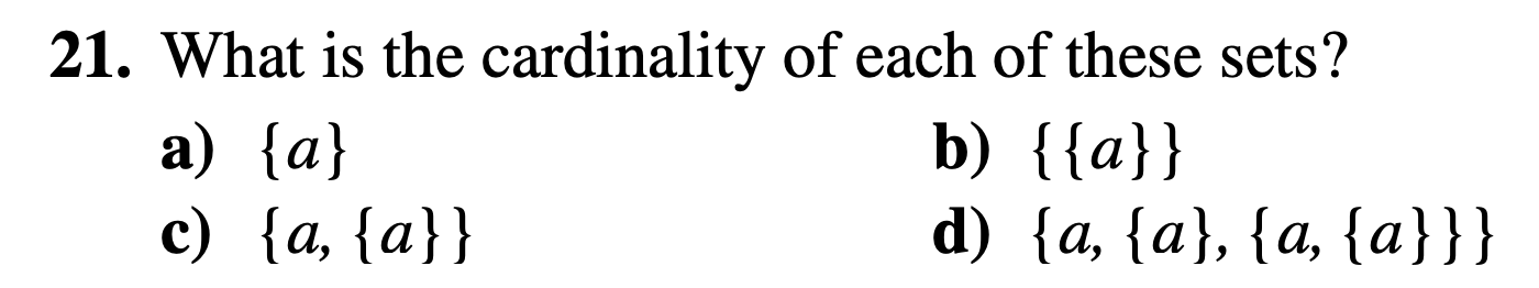 Solved 21. What is the cardinality of each of these sets? a) | Chegg.com