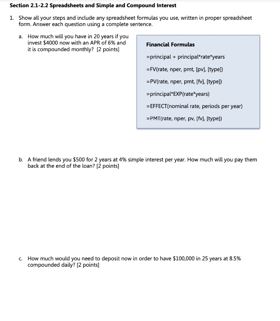 Solved Section 2.1-2.2 Spreadsheets and Simple and Compound | Chegg.com