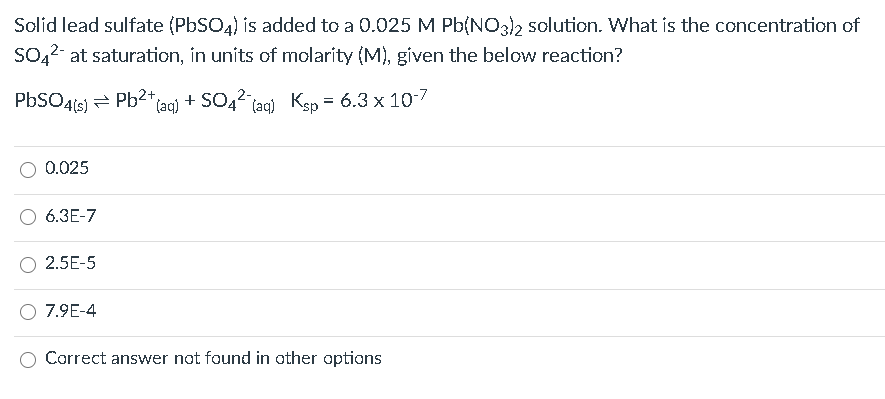 Solved PbSO4(s) = Pb2+ Solid lead sulfate (PbSO4) is added | Chegg.com