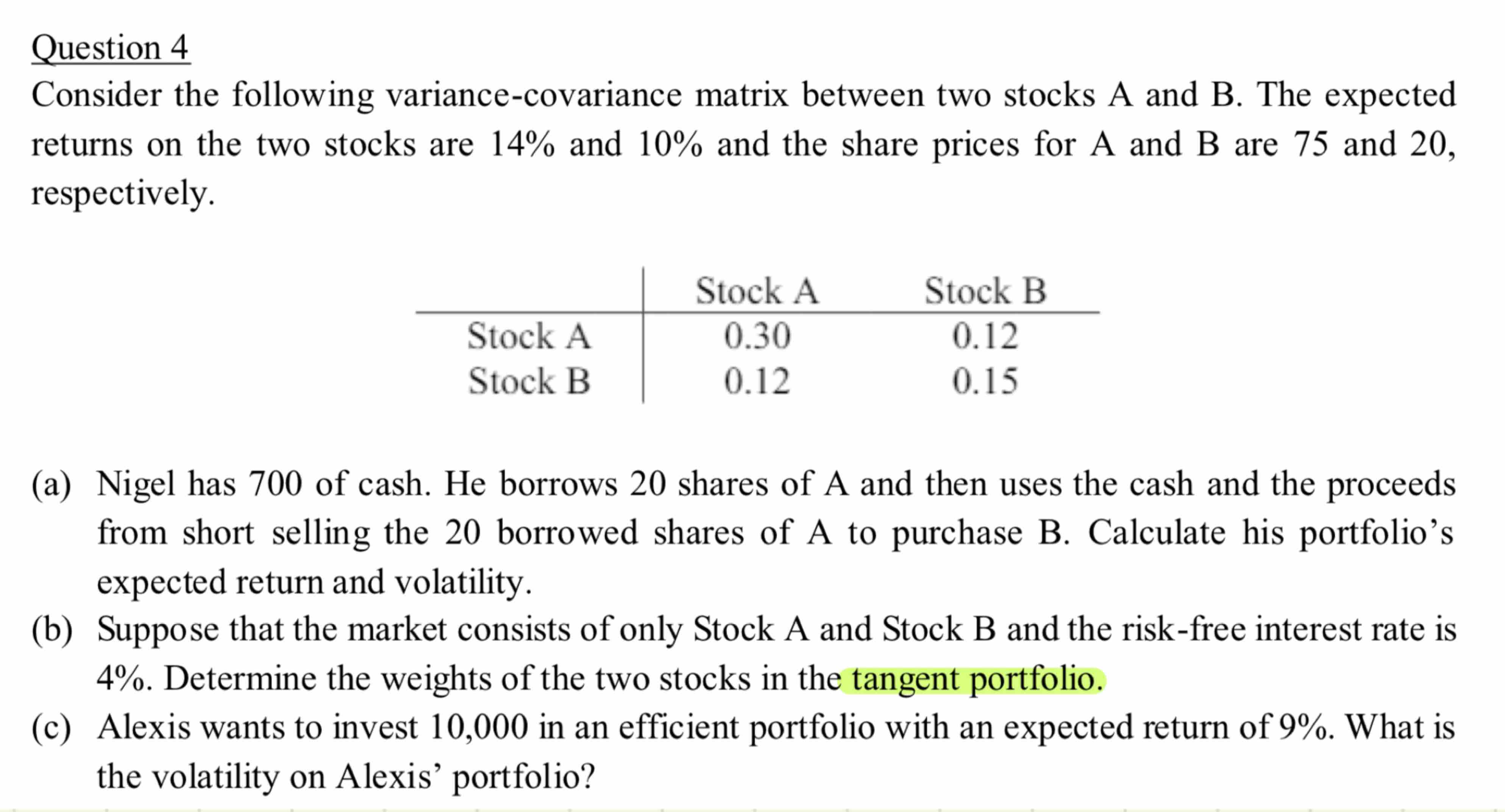 Question 4consider The Following Variance Covariance